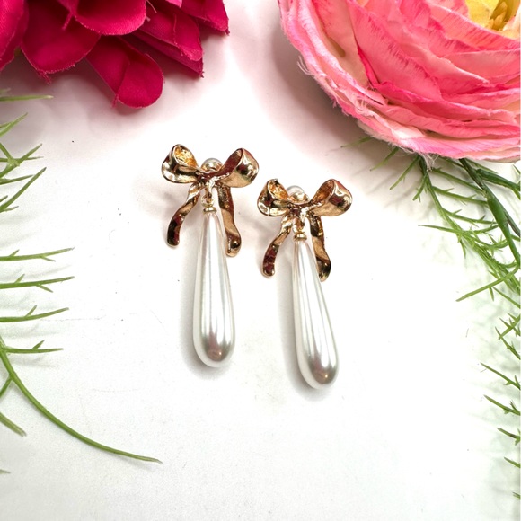 Jewelry | Newclassy Pearl Golden Bow Ribbon Tie Earrings | Poshmark